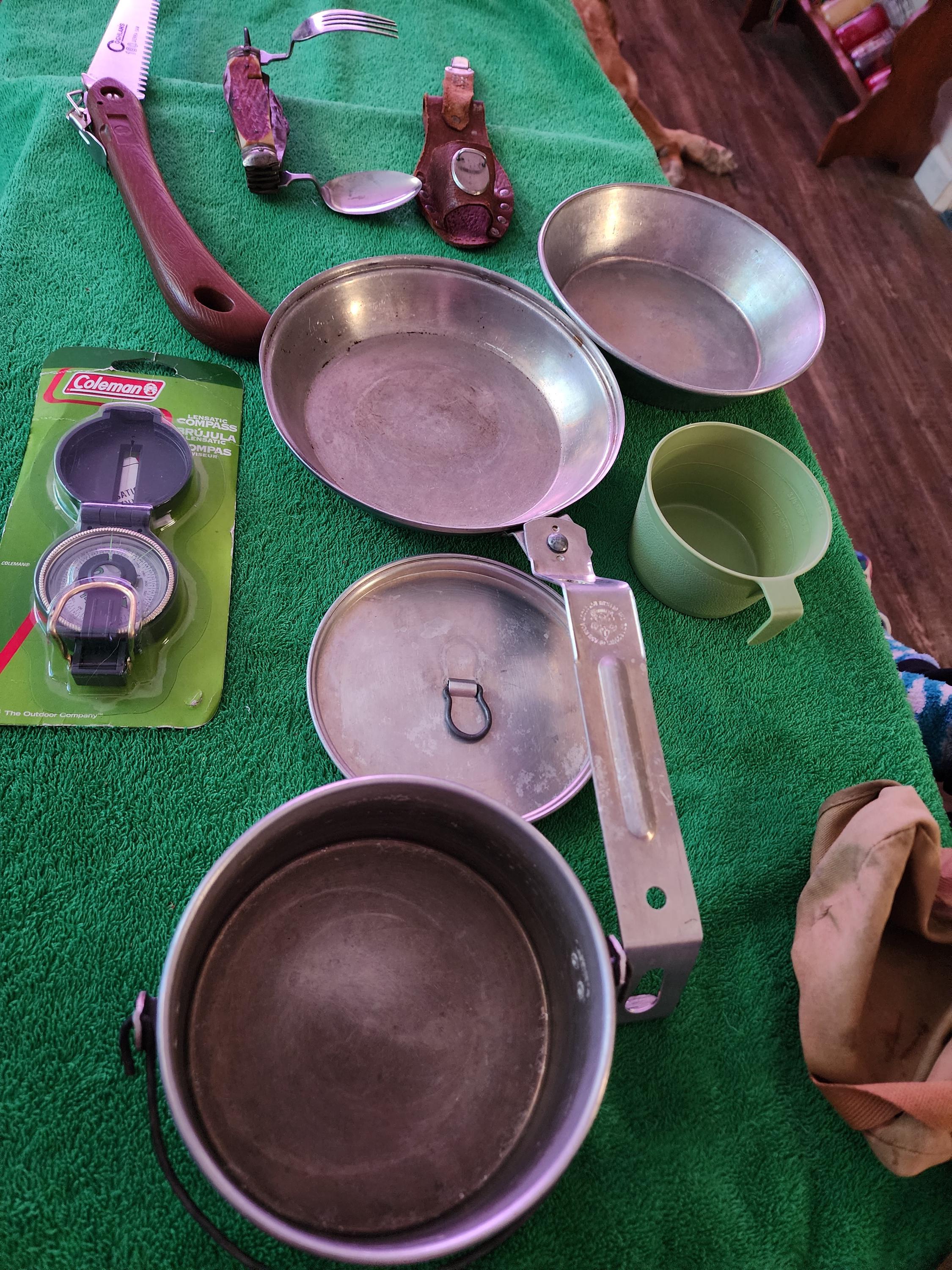 Boy Scouts 5 Piece Cook Ware Set W/case, Coleman Compass, Coghlan's Saw ...