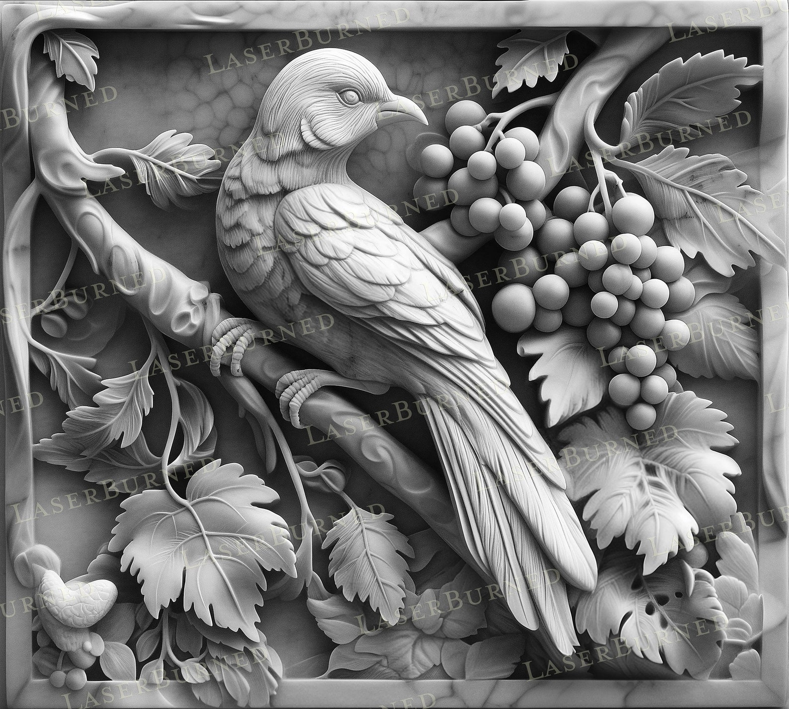 Laser Engrave PNG of Bird Perched on a Grapevine | 3D Illusion Burn ...