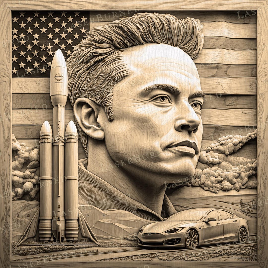 Laser Engrave PNG of Elon Musk With American Flag, Rocket, Tesla | 3D ...