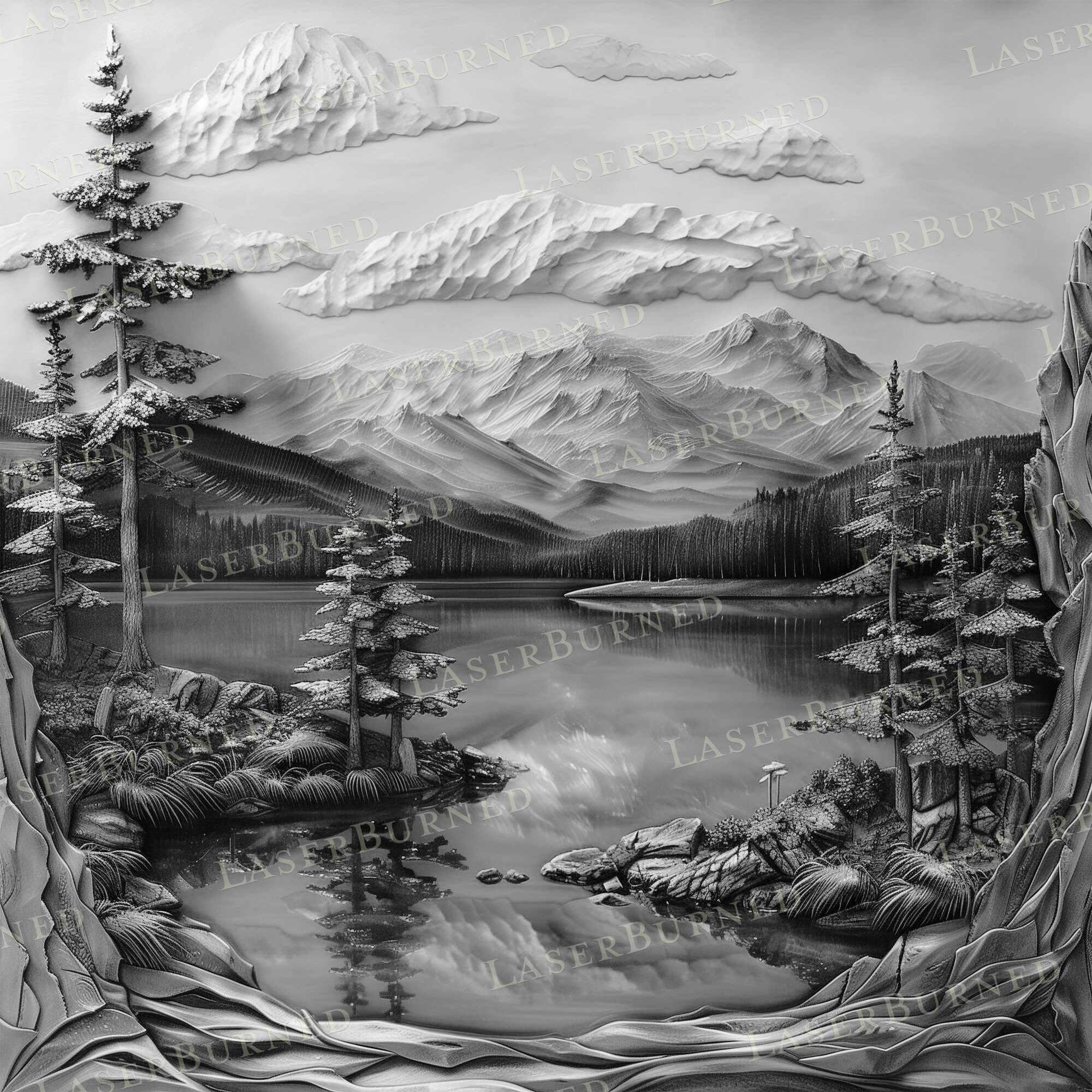 Laser Engrave PNG of a Mountain and Lake in the Pacific Northwest | 3D ...