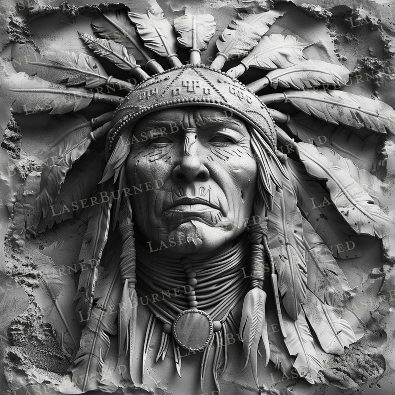 Laser Engrave PNG of a Native American Indian Chief With Headdress | 3D ...