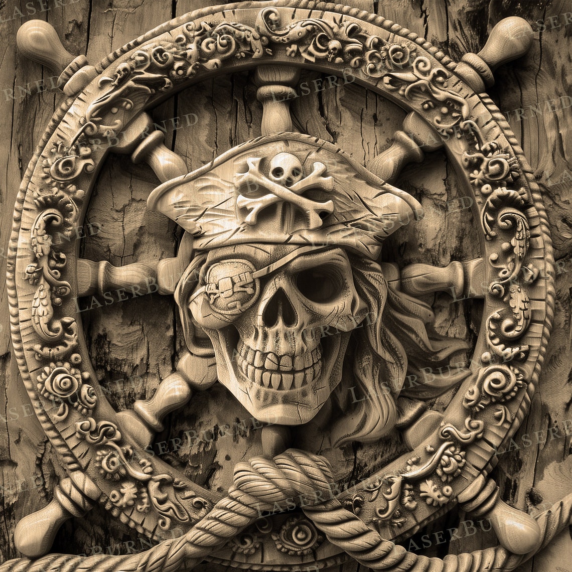 Laser Engrave PNG of a Pirate Ship's Wheel With Skull | 3D Illusion ...