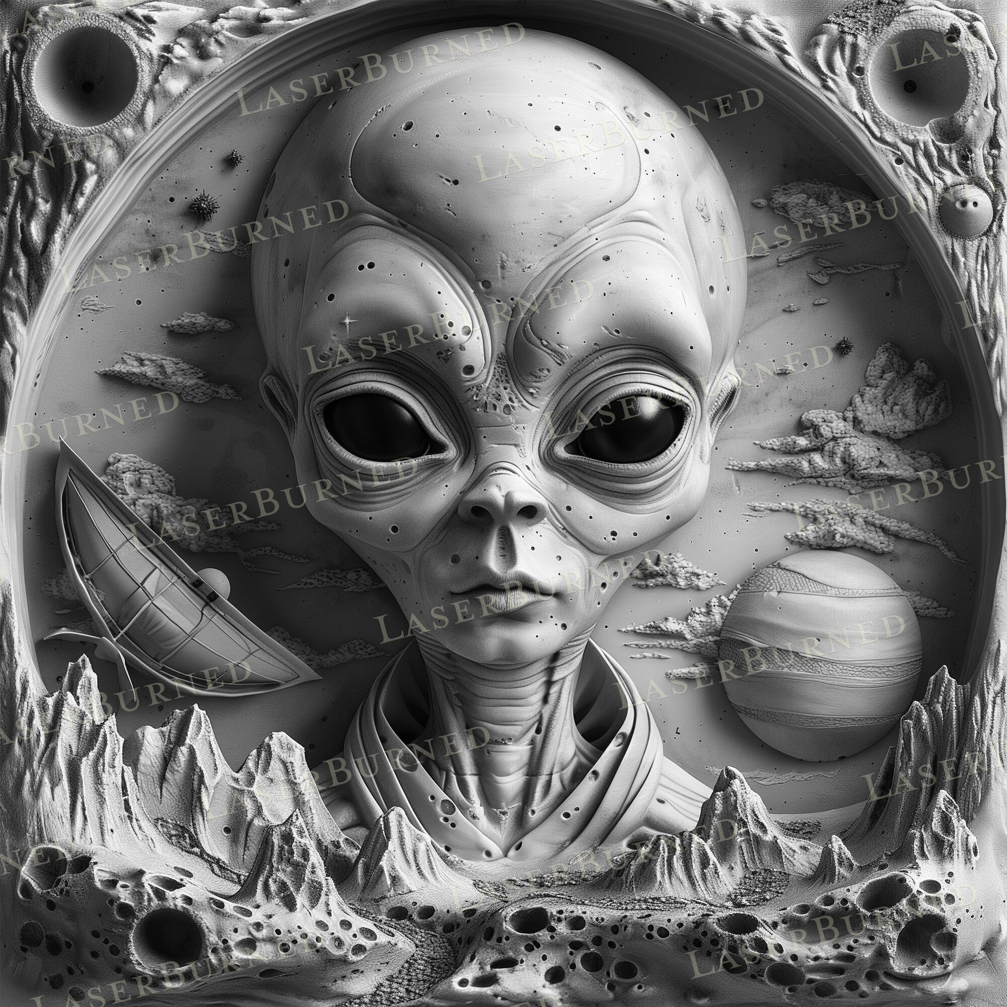 Laser Engrave PNG of an Alien With Planetary Background | 3D Illusion ...