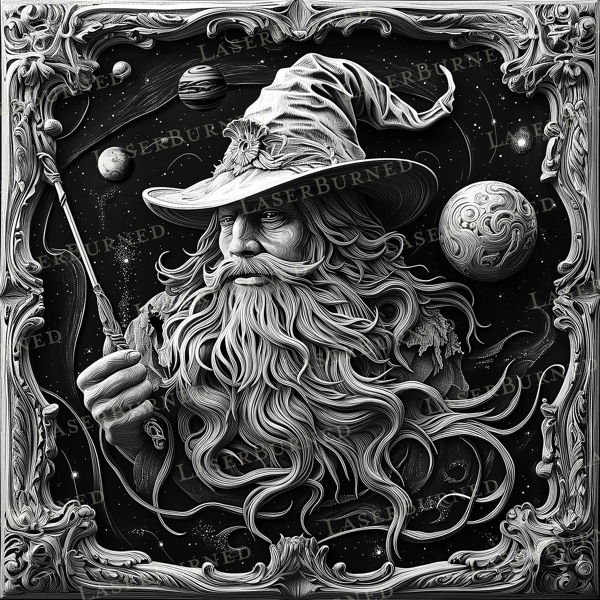 Laser Engrave PNG of a Magical Wizard With Wand and Planets | 3D ...