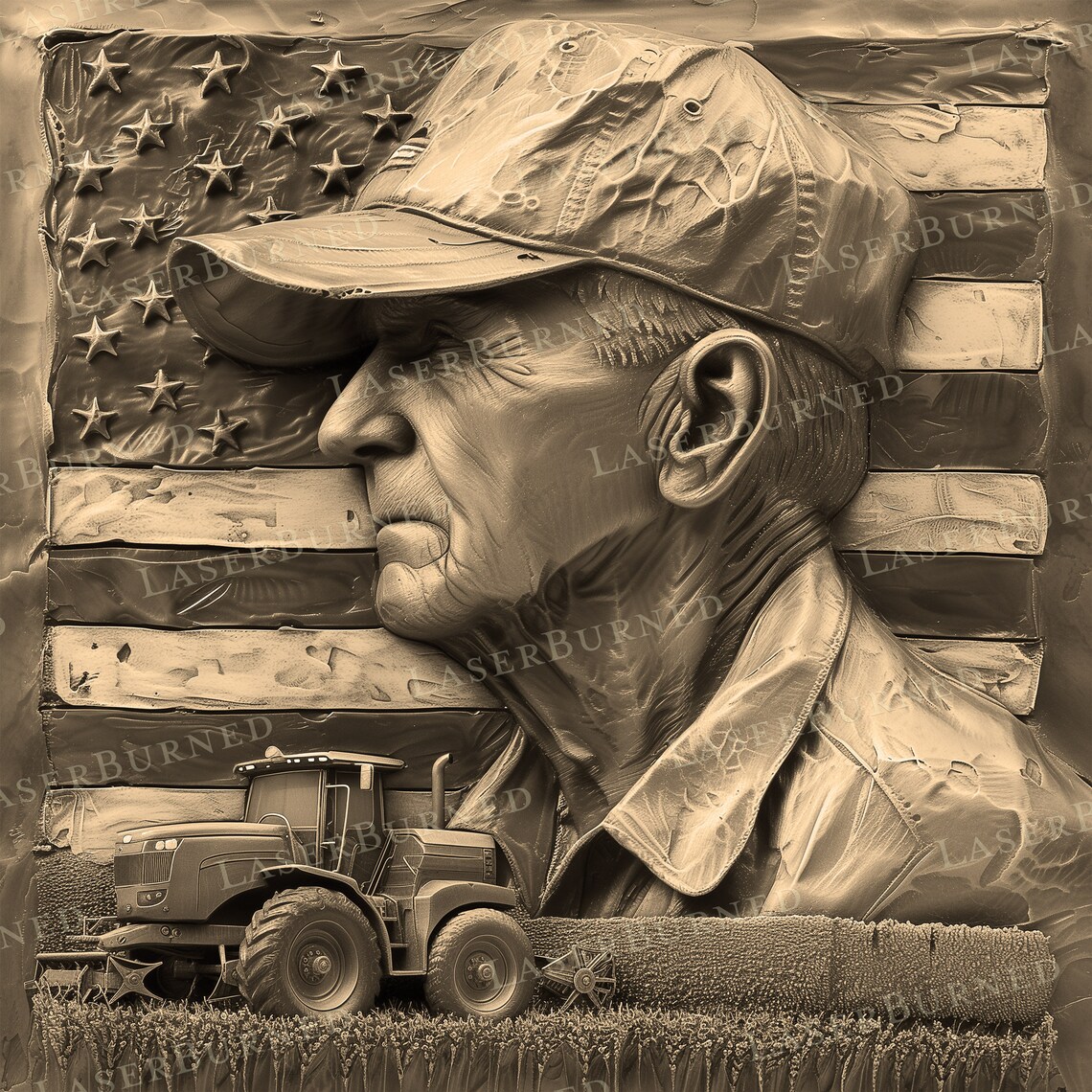 Laser Engrave PNG of an American Farmer With a Tractor and Flag | 3D ...