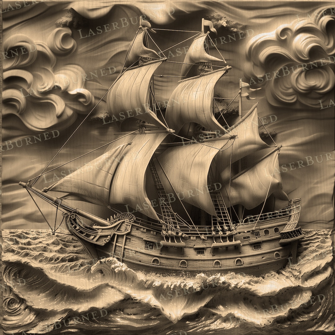 Laser Engrave PNG of Ship at Stormy Sea | 3D Illusion Burn | Digital ...