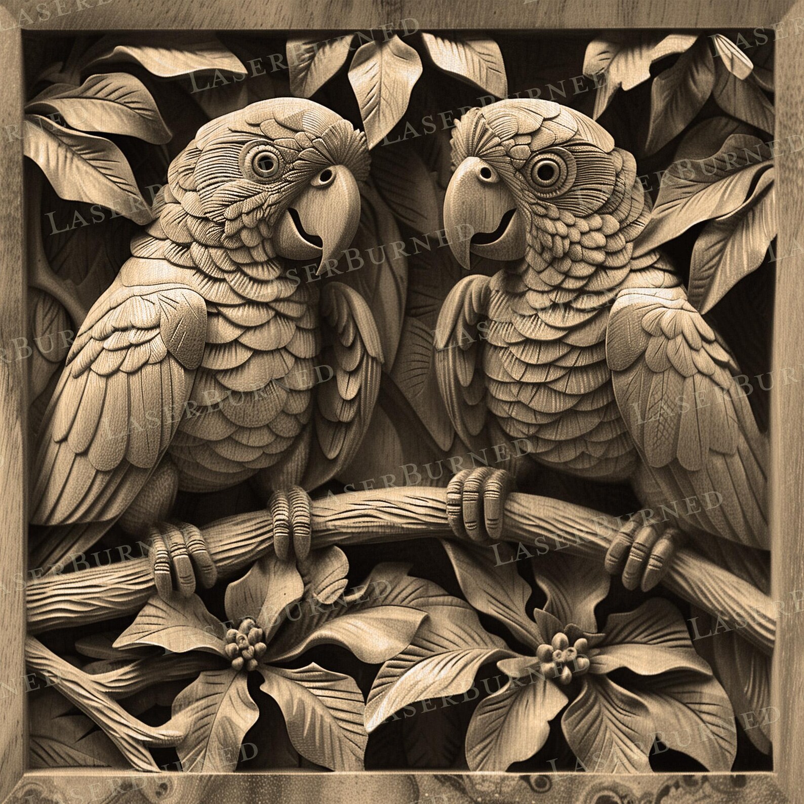 Laser Engrave PNG of Two Parrots on a Branch | 3D Illusion Burn ...