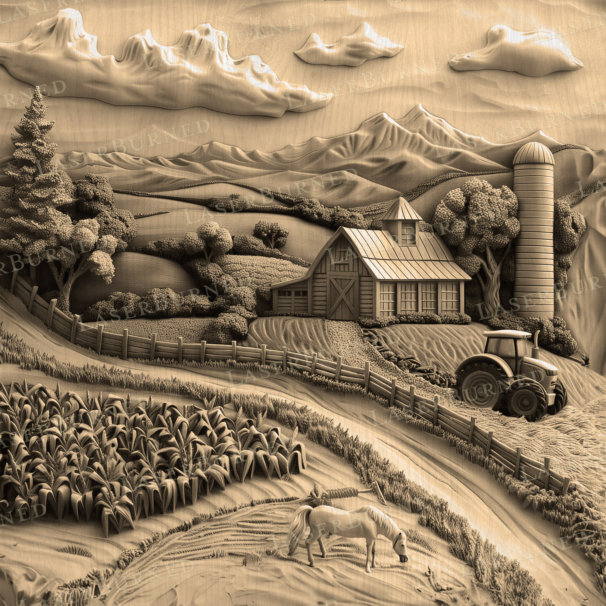 Laser Engrave PNG of a Farm Landscape With Tractor | 3D Illusion Laser ...