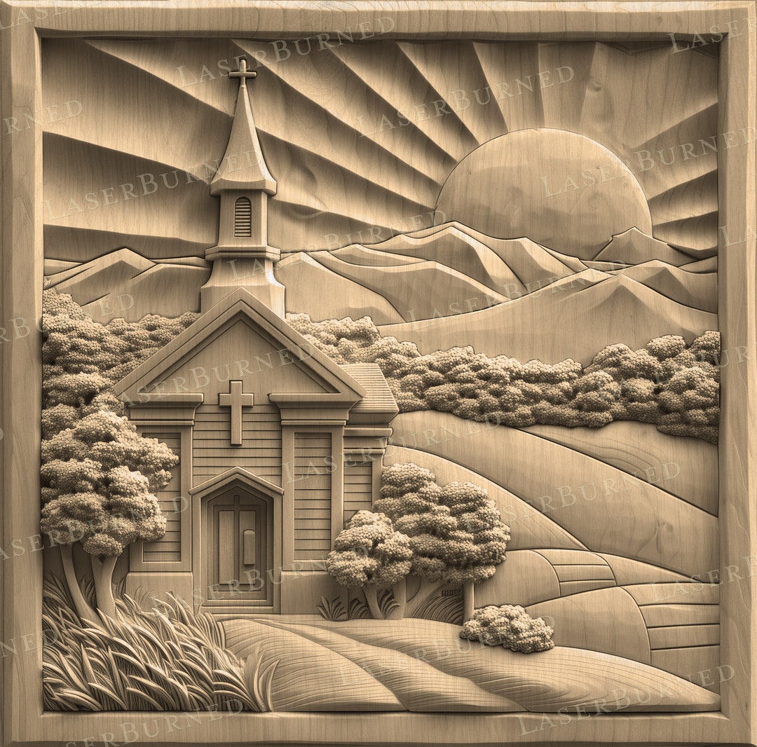 Laser Engrave PNG of a Country Church With Sunrise | 3D Illusion Burn ...