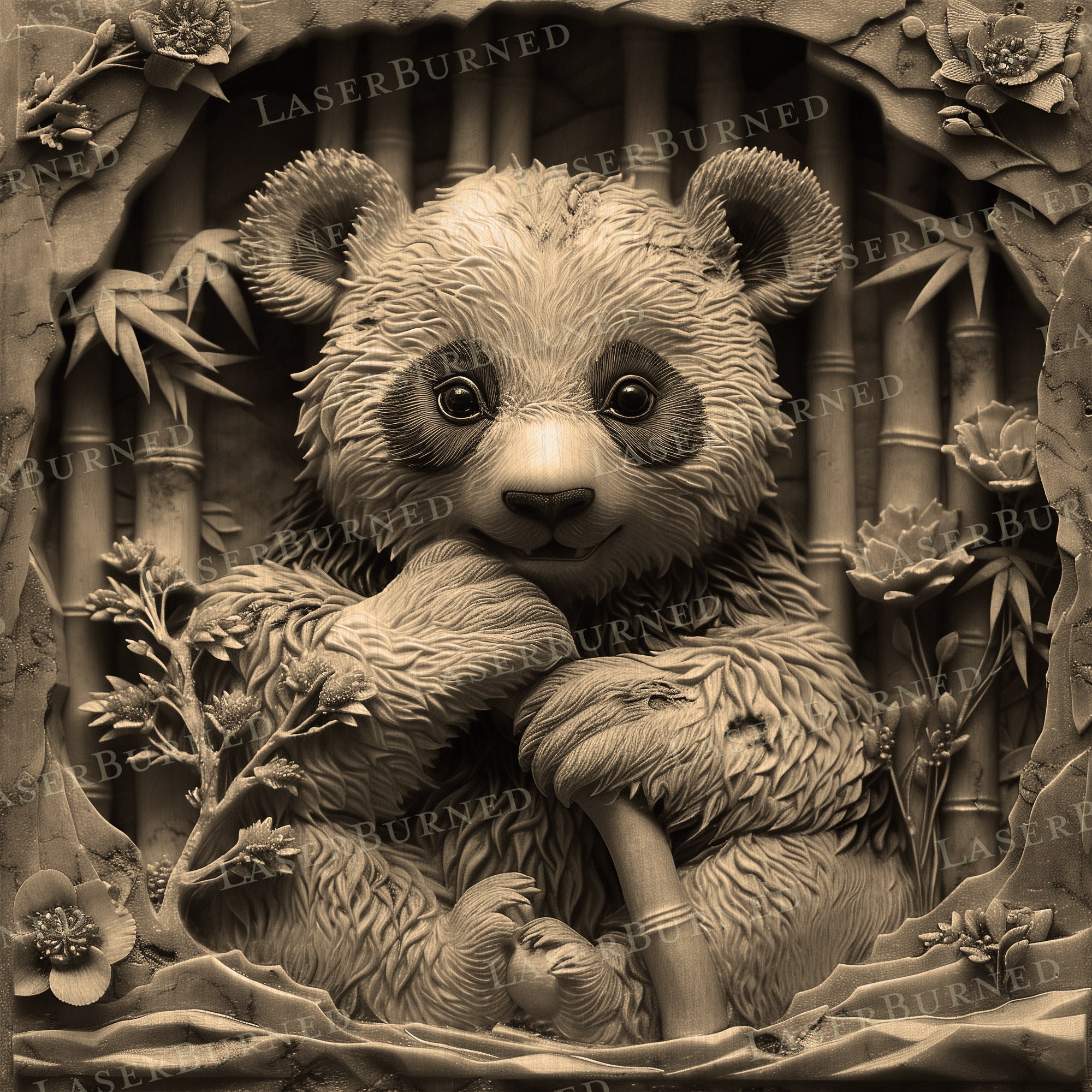 Laser Engrave PNG of a Baby Panda Bear With Bamboo | 3D Illusion Burn ...