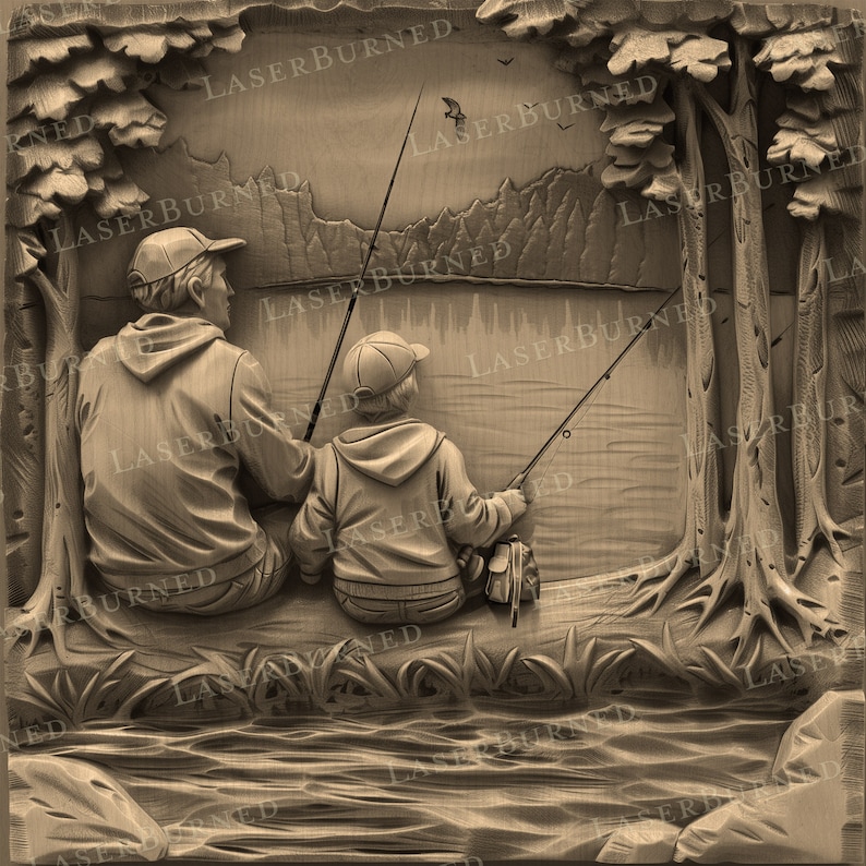 Laser Engrave PNG of a Father and Son Fishing Together | 3D Illusion ...