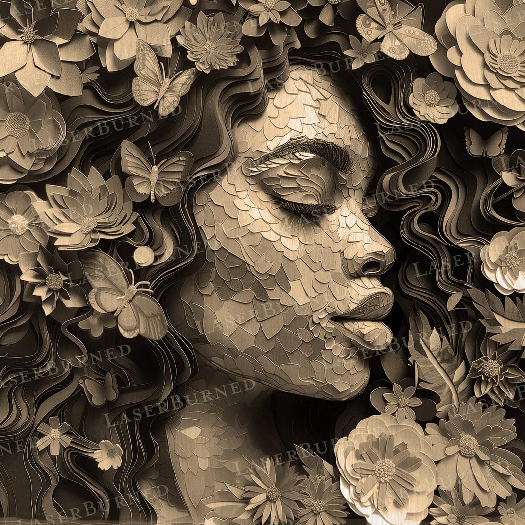 Laser Engrave PNG of a Woman With Flower Hair | 3D Illusion Burn ...