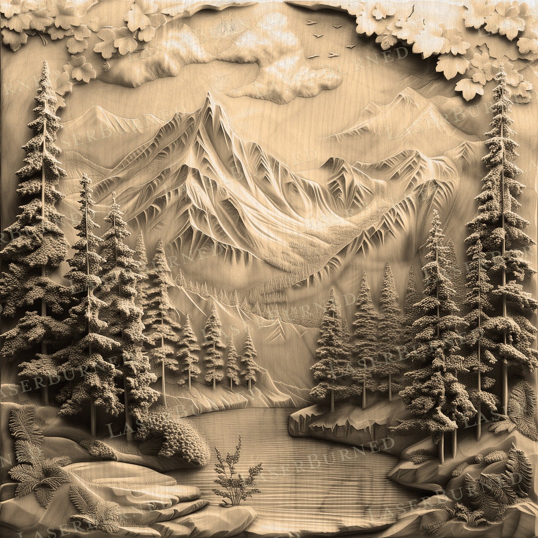 Laser Engrave PNG of a Mountain Forest With River | 3D Illusion Burn ...