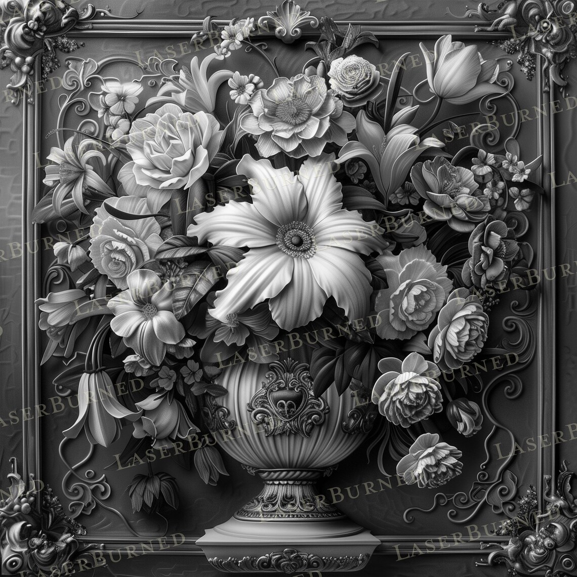Laser Engrave PNG of a Flower Bouquet in Vase | 3D Illusion Burn ...
