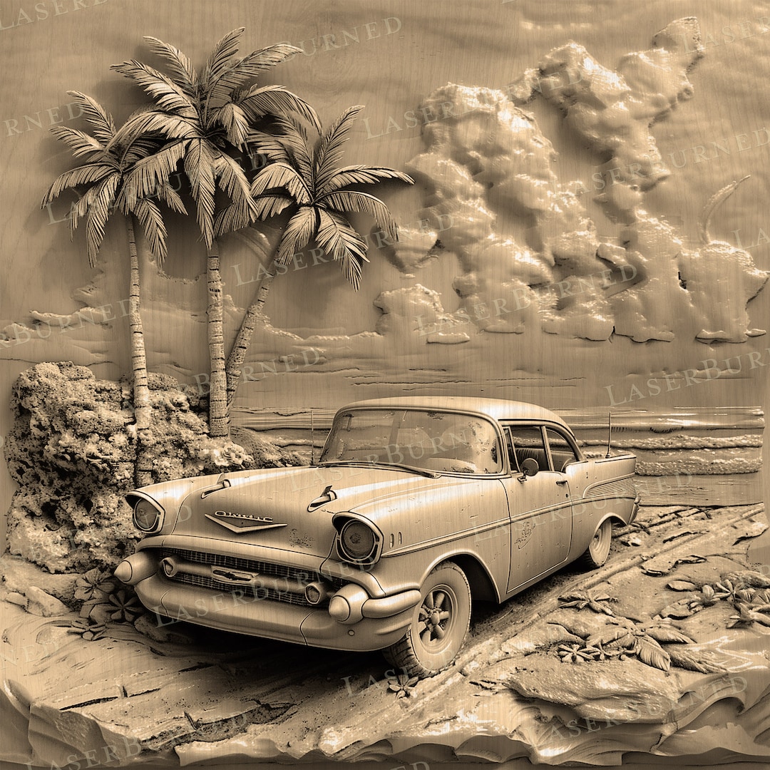 Laser Engrave PNG of a Classic Car on the Beach | 3D Illusion Burn ...