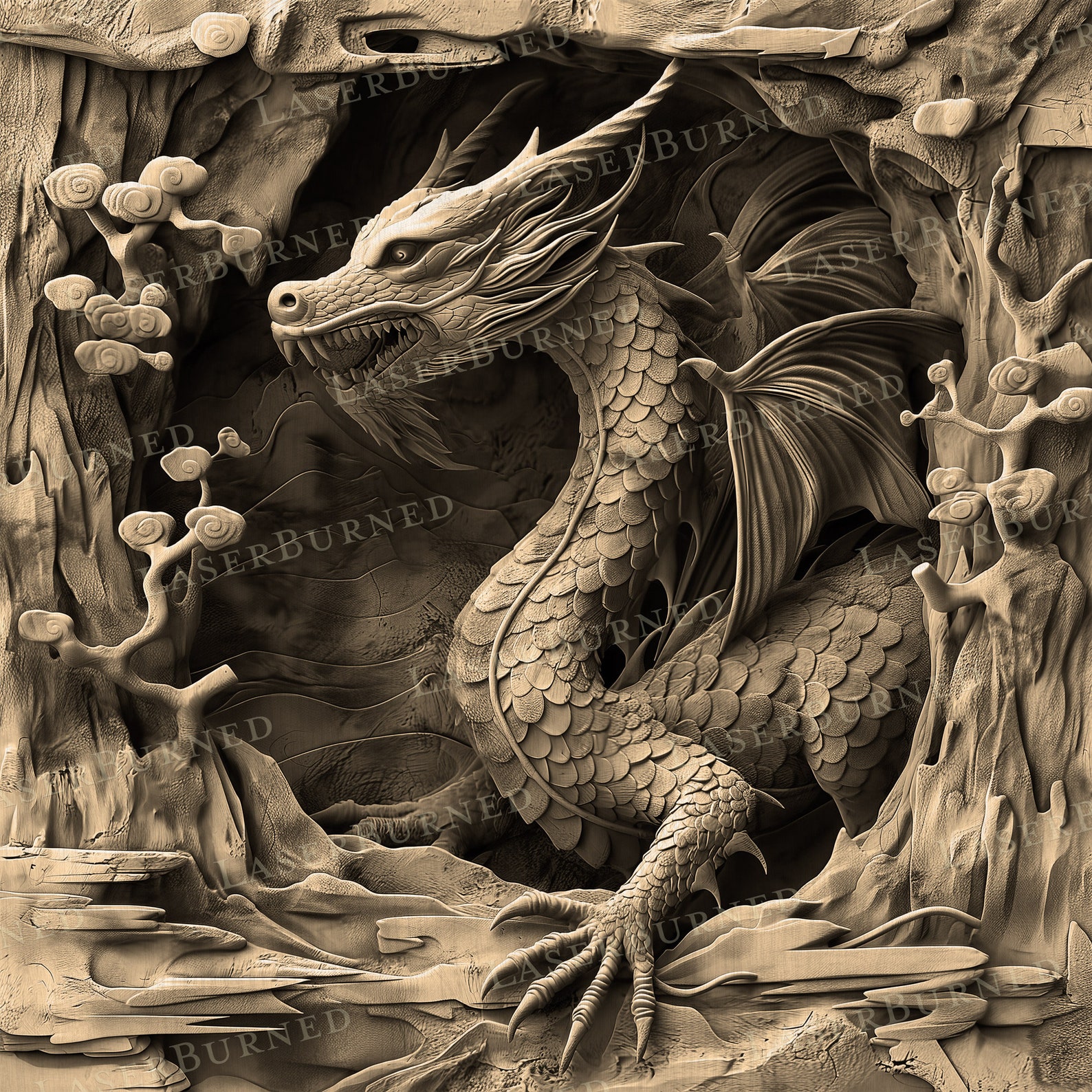 Laser Engrave PNG of a Dragon in a Cave | 3D Illusion Burn | Digital ...