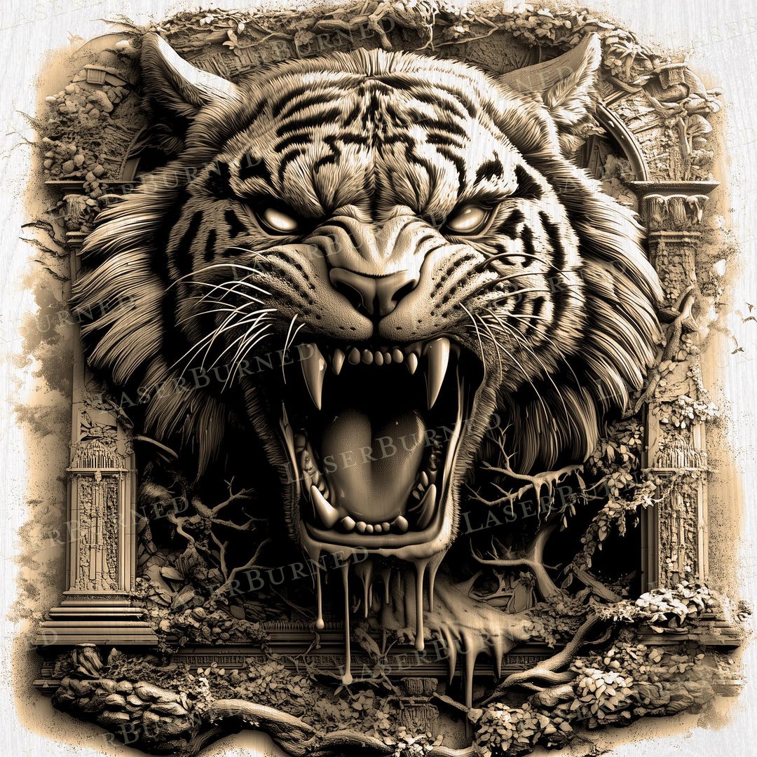 Laser Engrave PNG of a Roaring Tiger in a Temple | 3D Illusion Burn ...