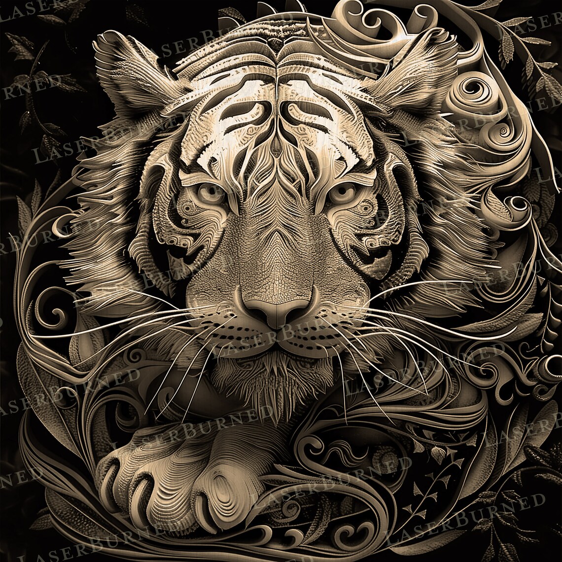 Laser Engrave PNG of a Tiger Face and Paw | 3D Illusion Burn | Digital ...