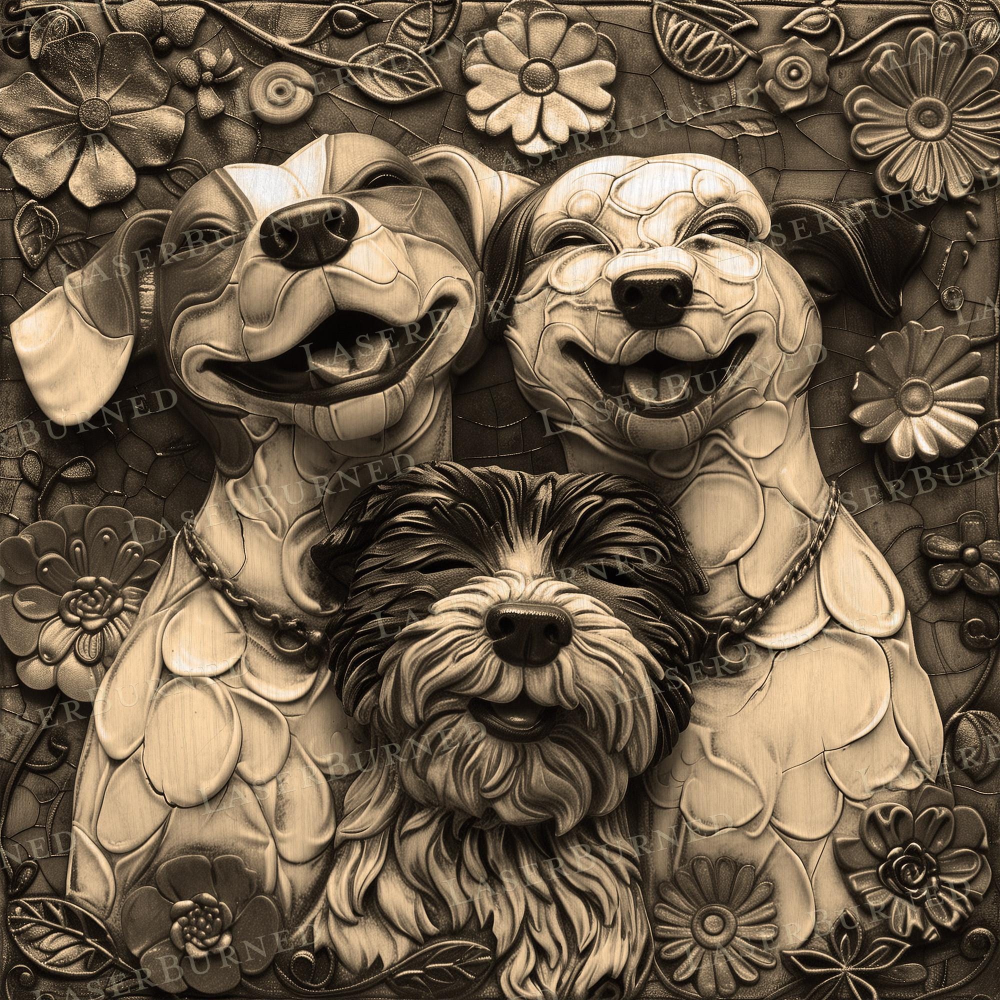 Laser Engrave PNG of Three Happy Dogs | 3D Illusion Burn | Digital ...