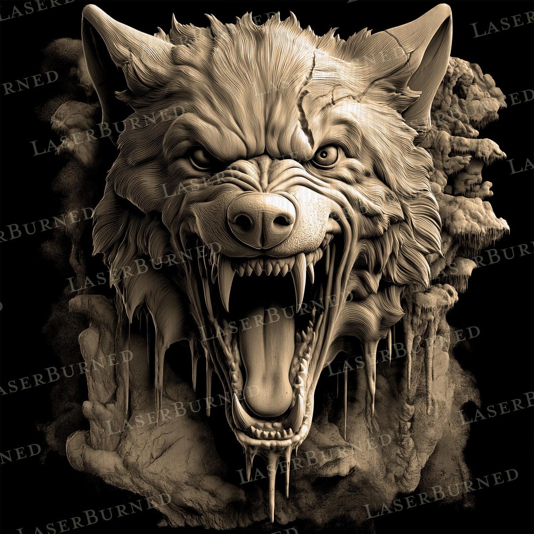 Laser Engrave PNG of a Rabid Snarling Dire Wolf | 3D Illusion Burn ...