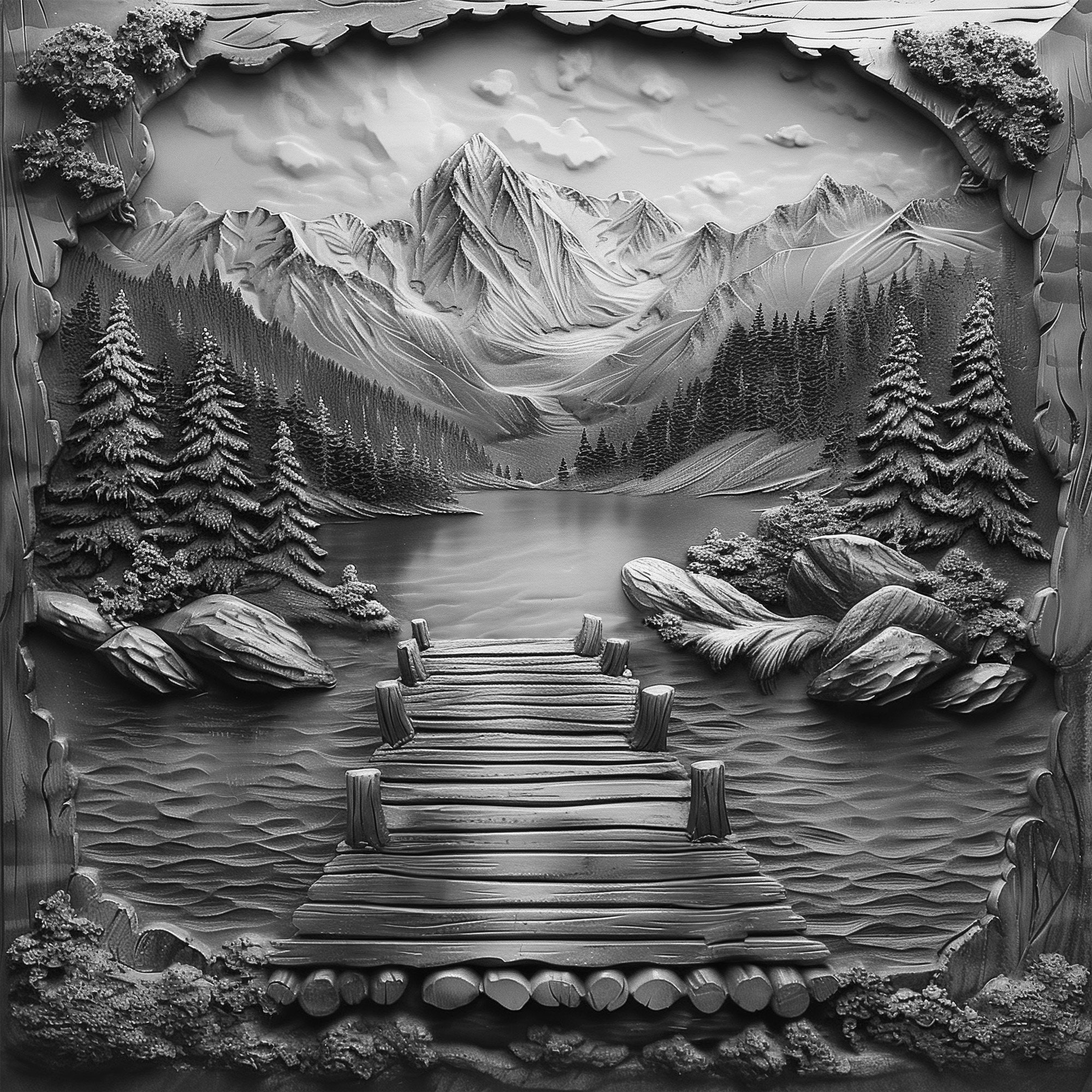 Laser Engrave PNG of a Mountain Lake With Fishing Pier | 3D Illusion ...