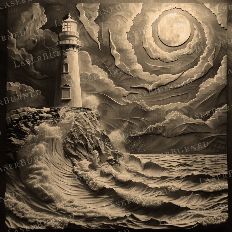 Laser Engrave PNG of a Lighthouse on a Hill Overlooking Ocean | 3D ...