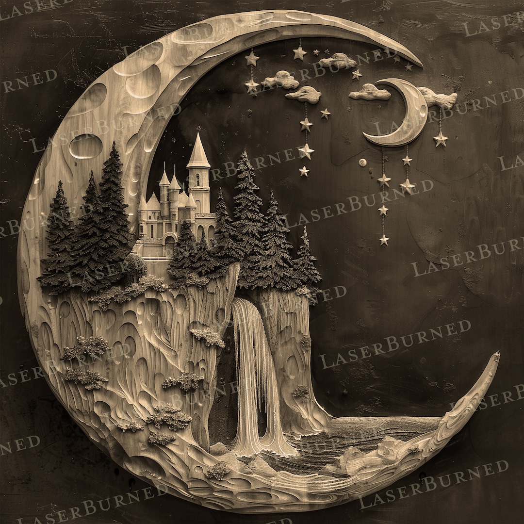 Laser Engrave PNG of a Fantastical Moon With Castle | 3D Illusion Burn ...