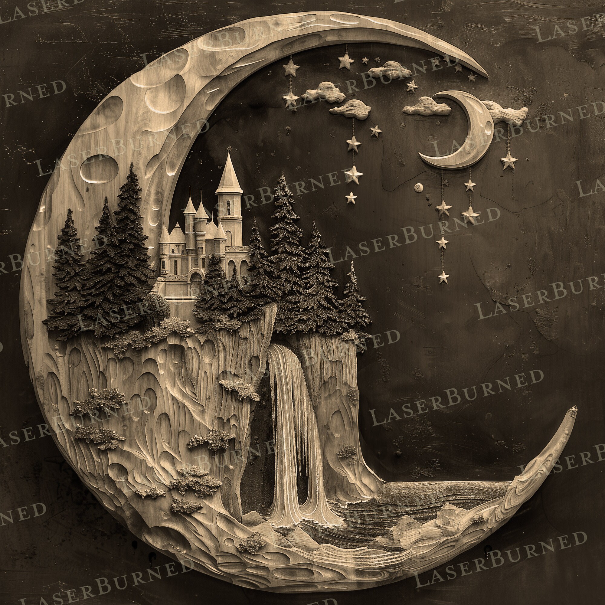 Laser Engrave PNG of a Fantastical Moon With Castle | 3D Illusion Burn ...