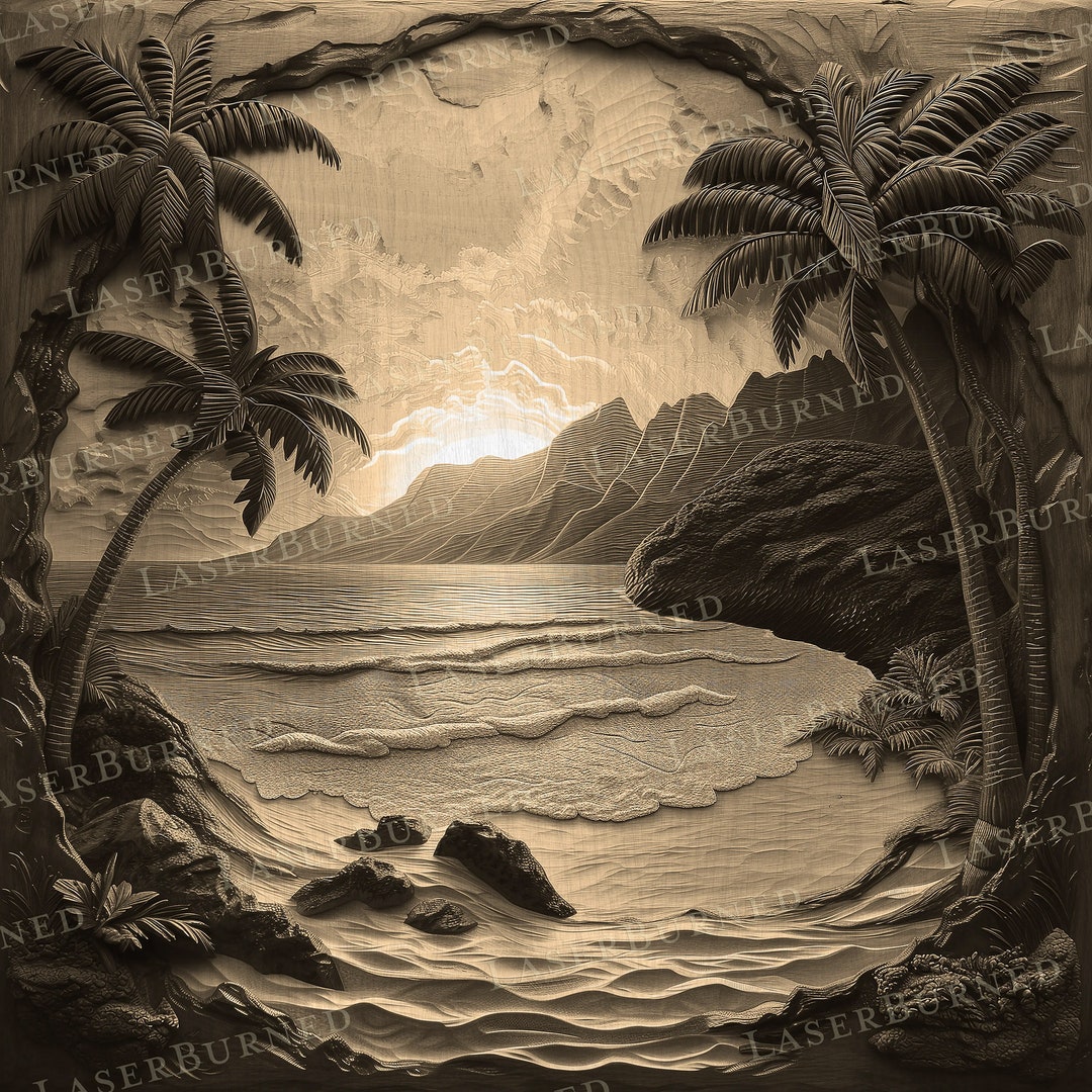 Laser Engrave PNG of a Tropical Beach With Palm Trees | 3D Illusion ...