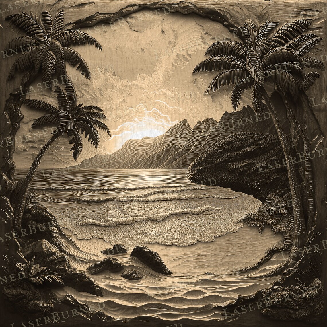 Laser Engrave PNG of a Tropical Beach With Palm Trees | 3D Illusion ...