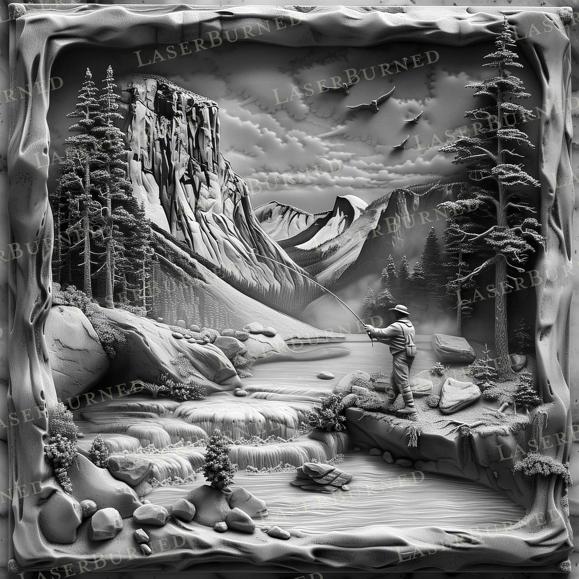 Laser Engrave PNG of a Man Fishing in a Mountainous River 3D Illusion ...