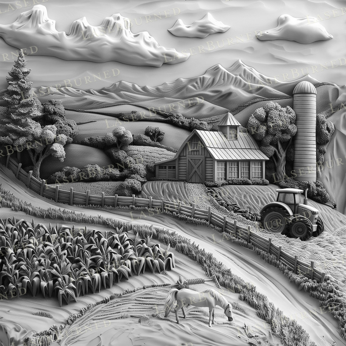 Laser Engrave PNG of a Farm Landscape With Tractor | 3D Illusion Laser ...