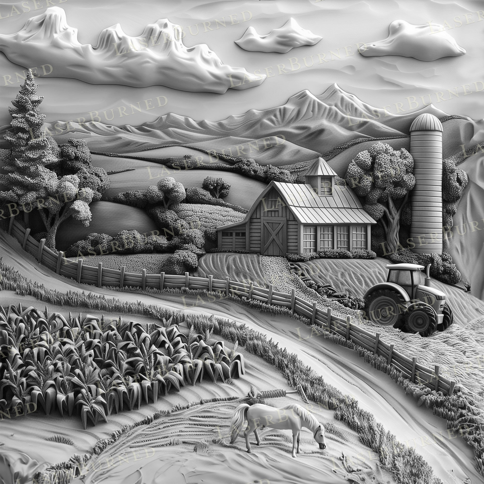 Laser Engrave PNG of a Farm Landscape With Tractor | 3D Illusion Laser ...
