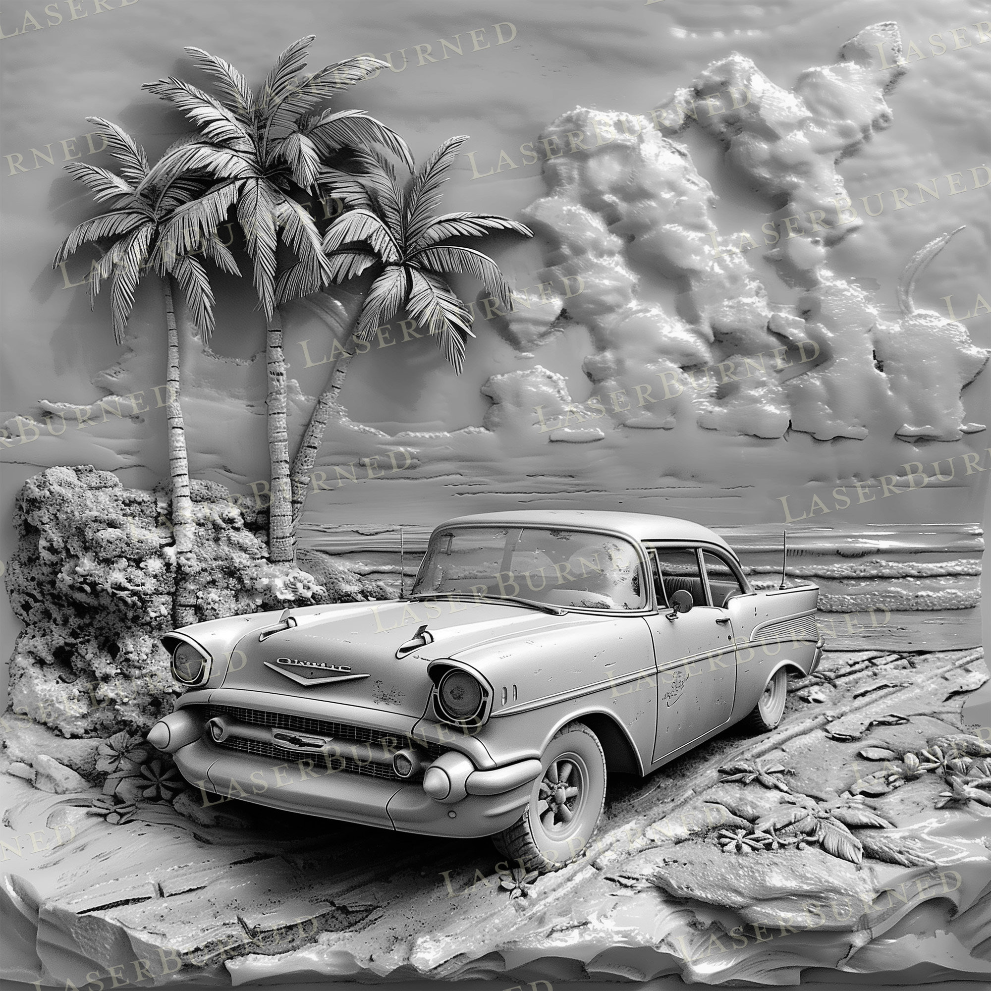Laser Engrave PNG of a Classic Car on the Beach | 3D Illusion Burn ...