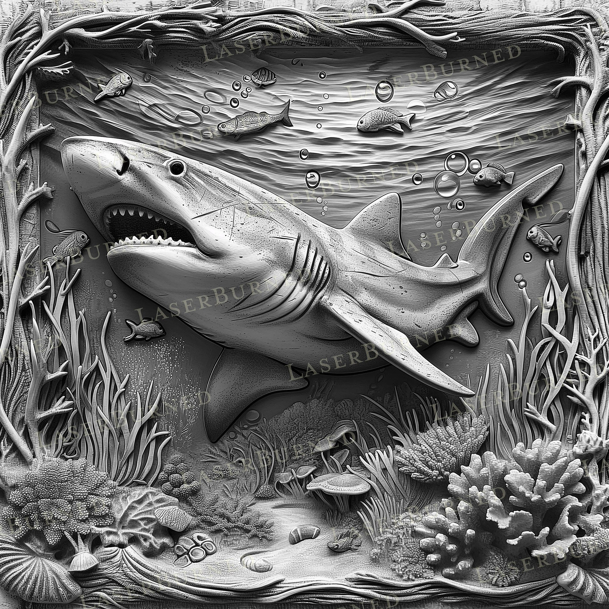 Laser Engrave PNG of a Shark With Fish in a Coral Frame | 3D Illusion ...