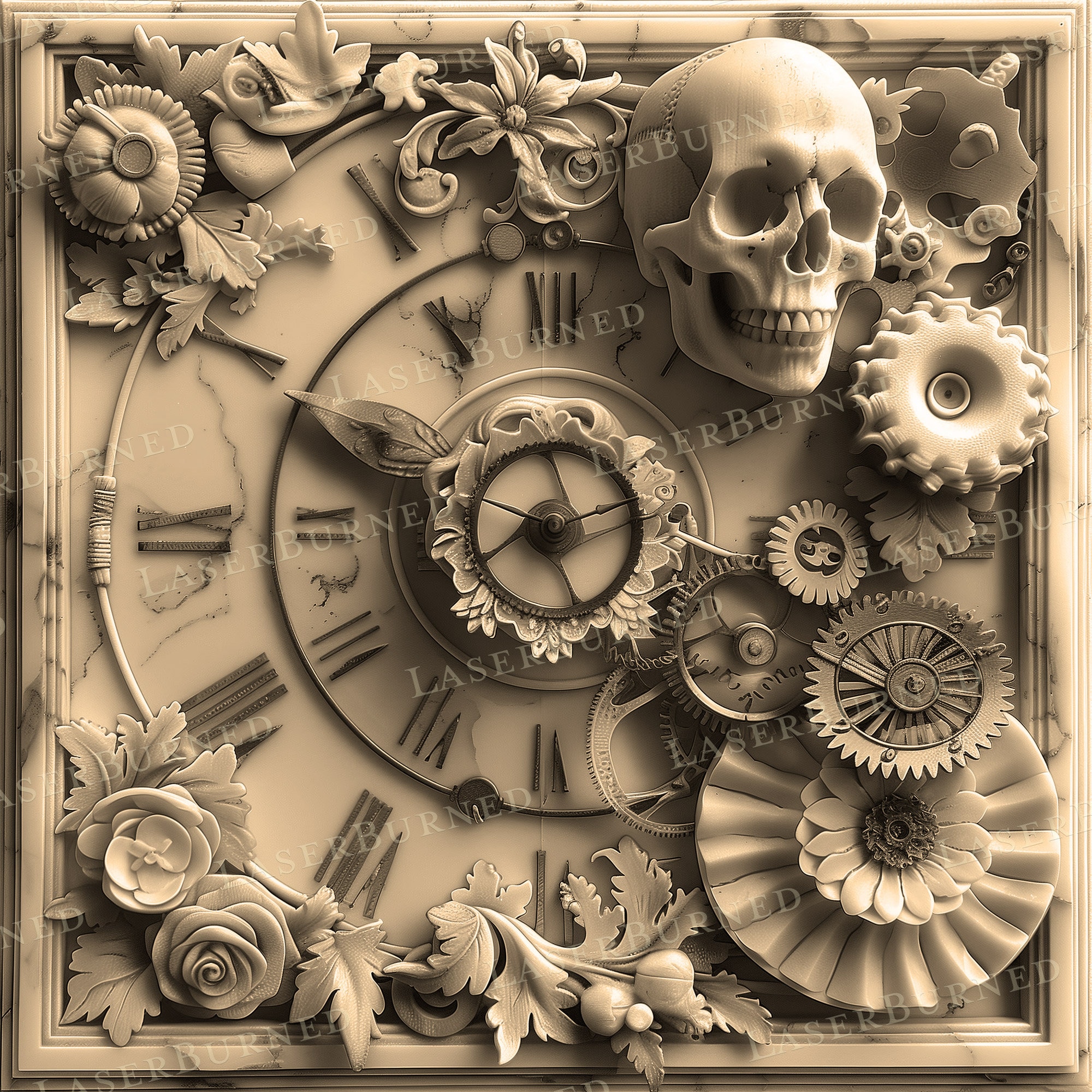 Laser Engrave PNG of a Steampunk Clock With Skull | 3D Illusion Burn ...