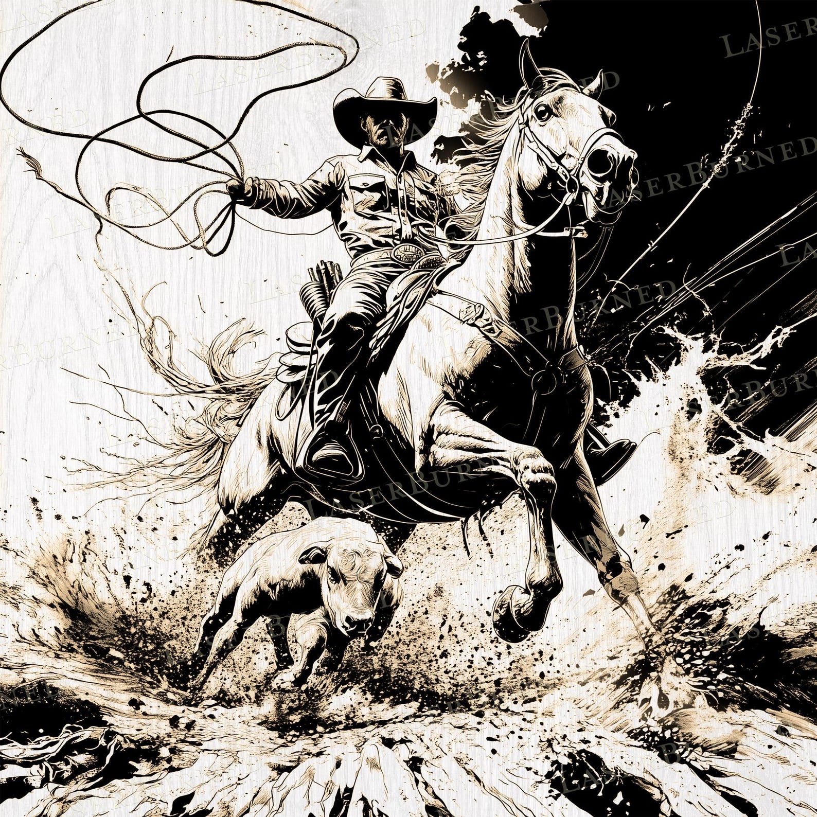 Laser Engrave PNG of Cowboy on a Horse With Lasso | 3D Illusion Burn ...