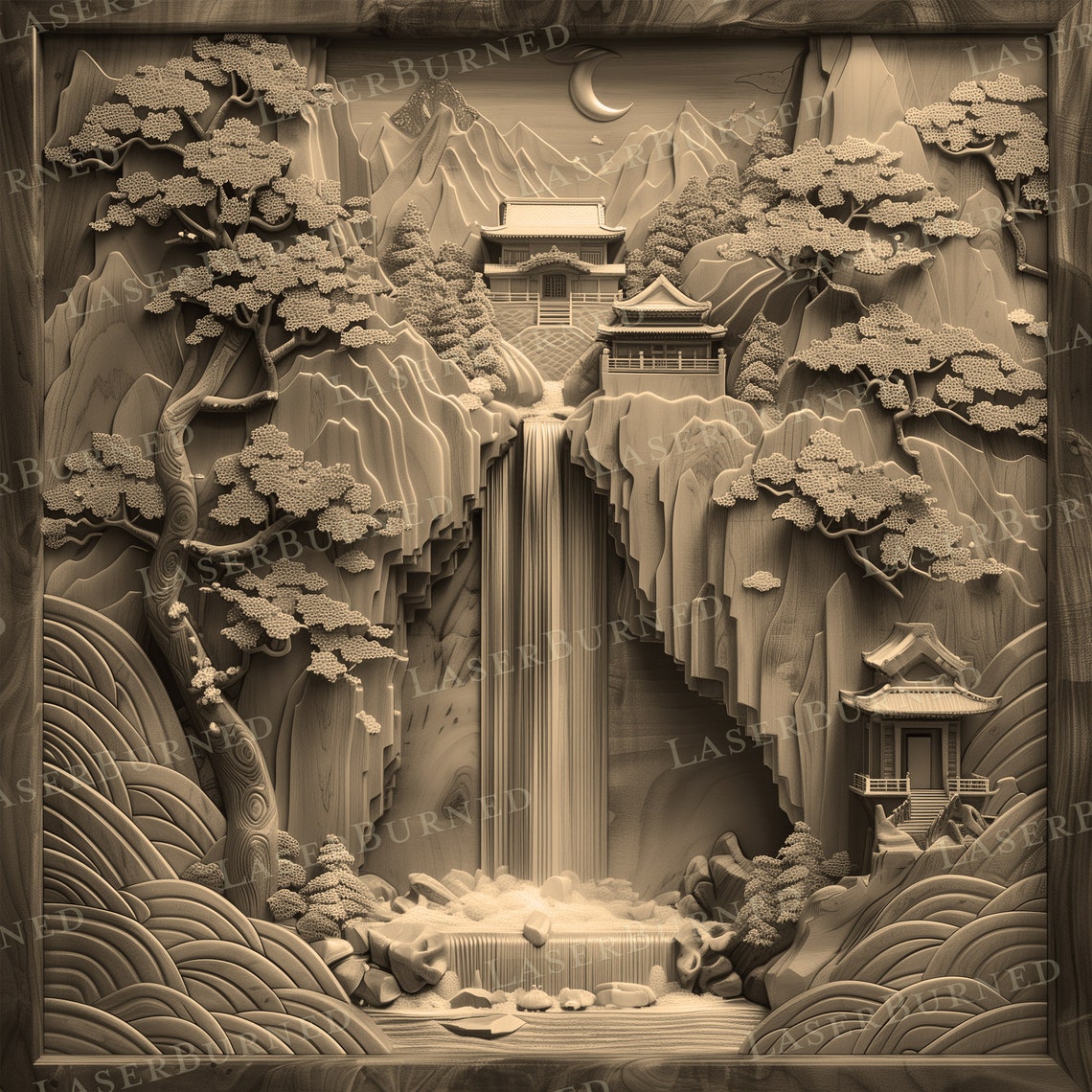 Laser Engrave PNG of a Japanese Landscape With Waterfall 3D Illusion ...
