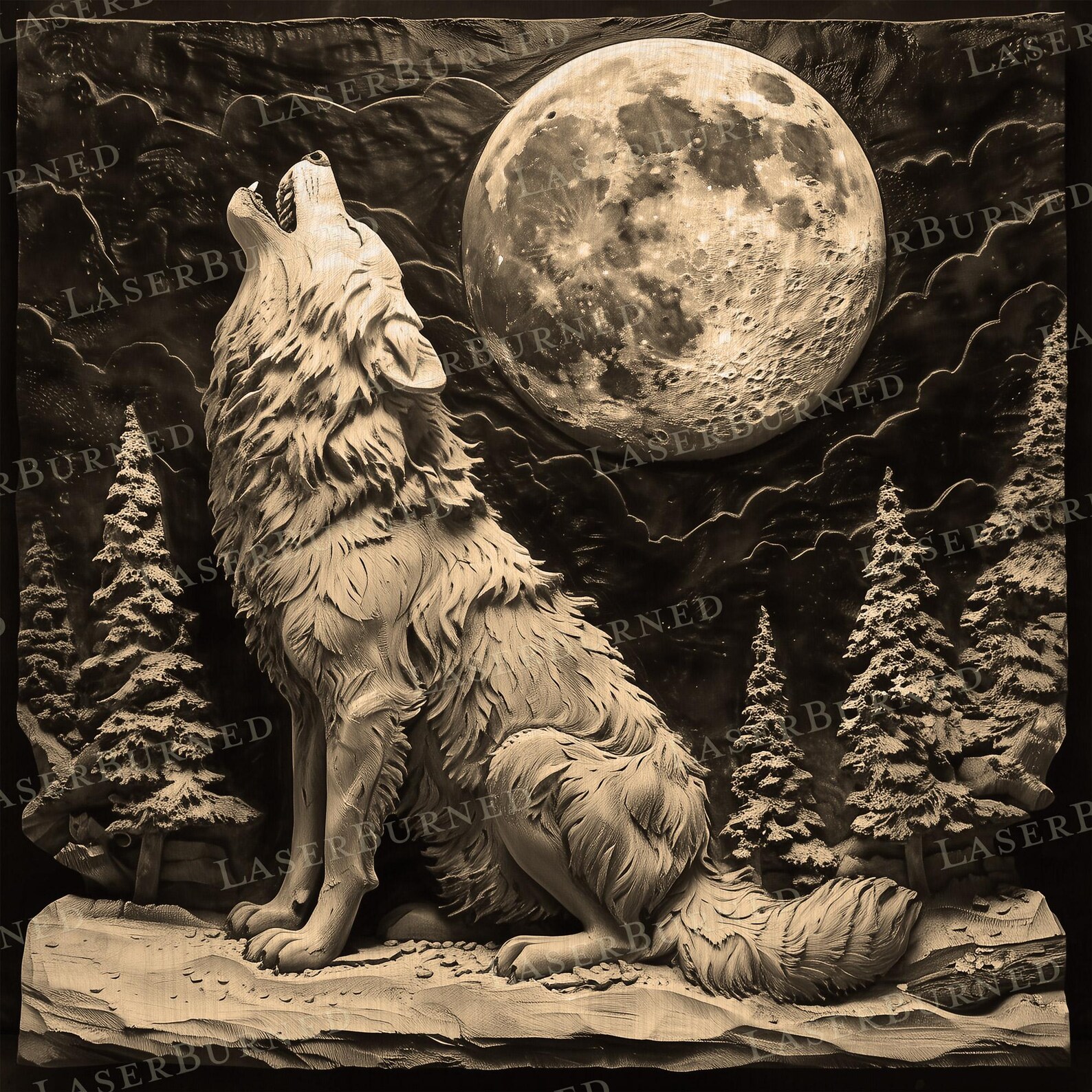 Laser Engrave PNG of a Wolf Howling at the Moon | 3D Illusion Burn ...