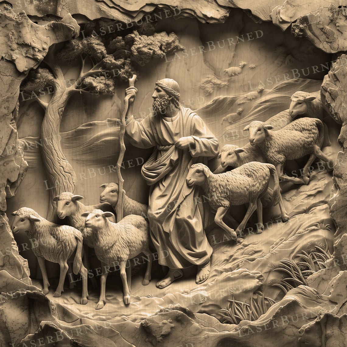 Laser Engrave PNG of a Shepherd With Sheep Herd | 3D Illusion Burn ...