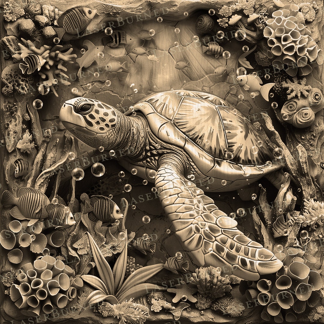 Laser Engrave PNG of a Sea Turtle in the Ocean | 3D Illusion Burn ...