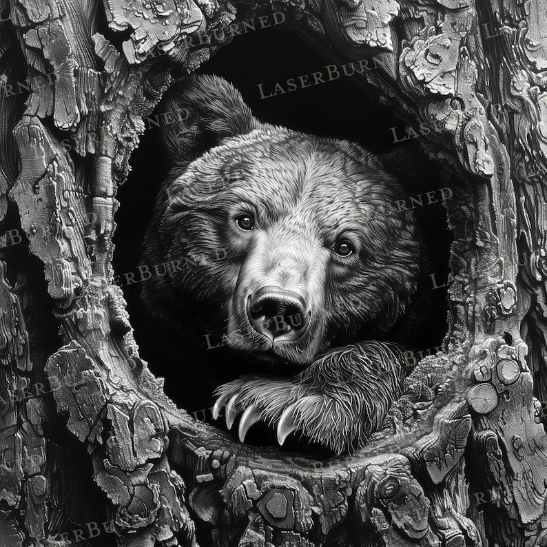 Laser Engrave PNG of a Brown Bear in Burrow | 3D Illusion Burn ...