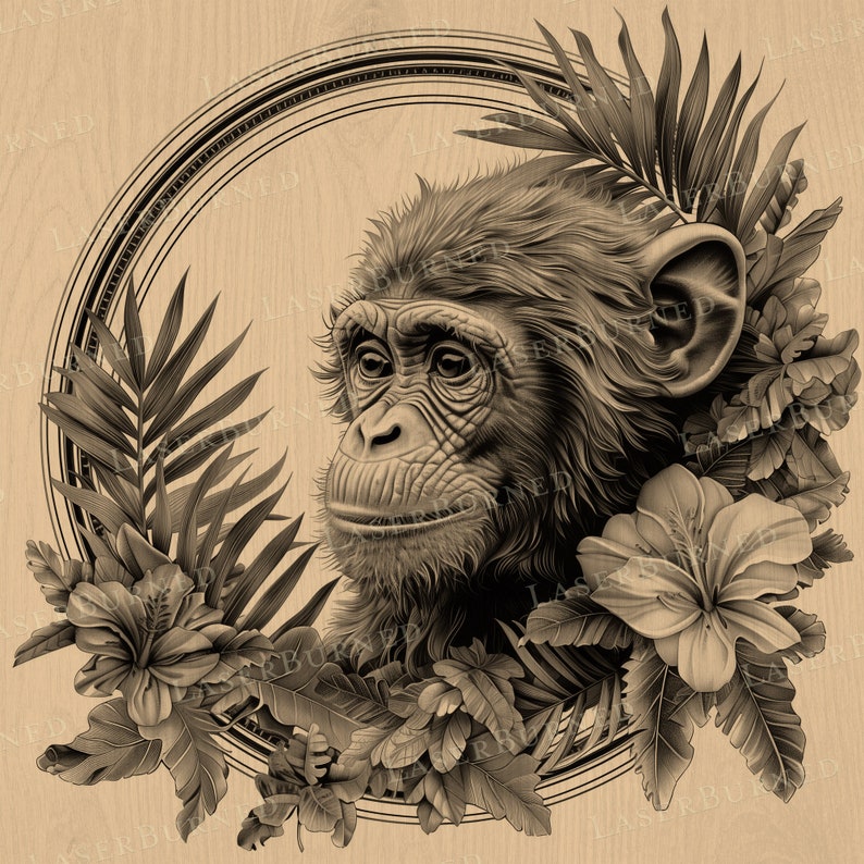 Laser Engrave PNG of a Chimpanzee in Wreath | 3D Illusion Burn ...