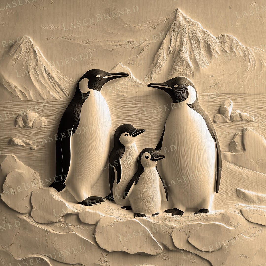 Laser Engrave PNG of a Penguin Family on Ice | 3D Illusion Burn ...