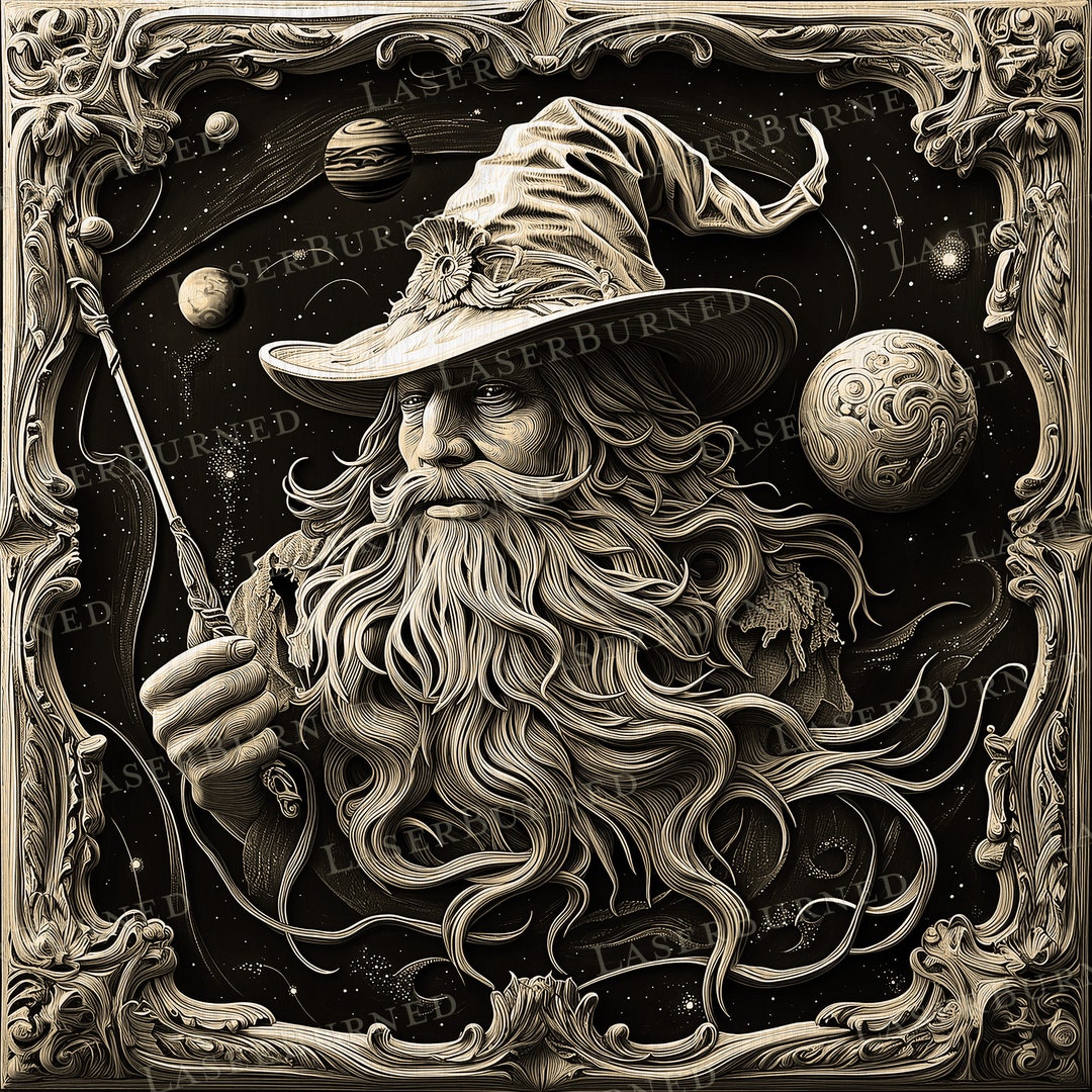 Laser Engrave PNG of a Magical Wizard With Wand and Planets | 3D ...