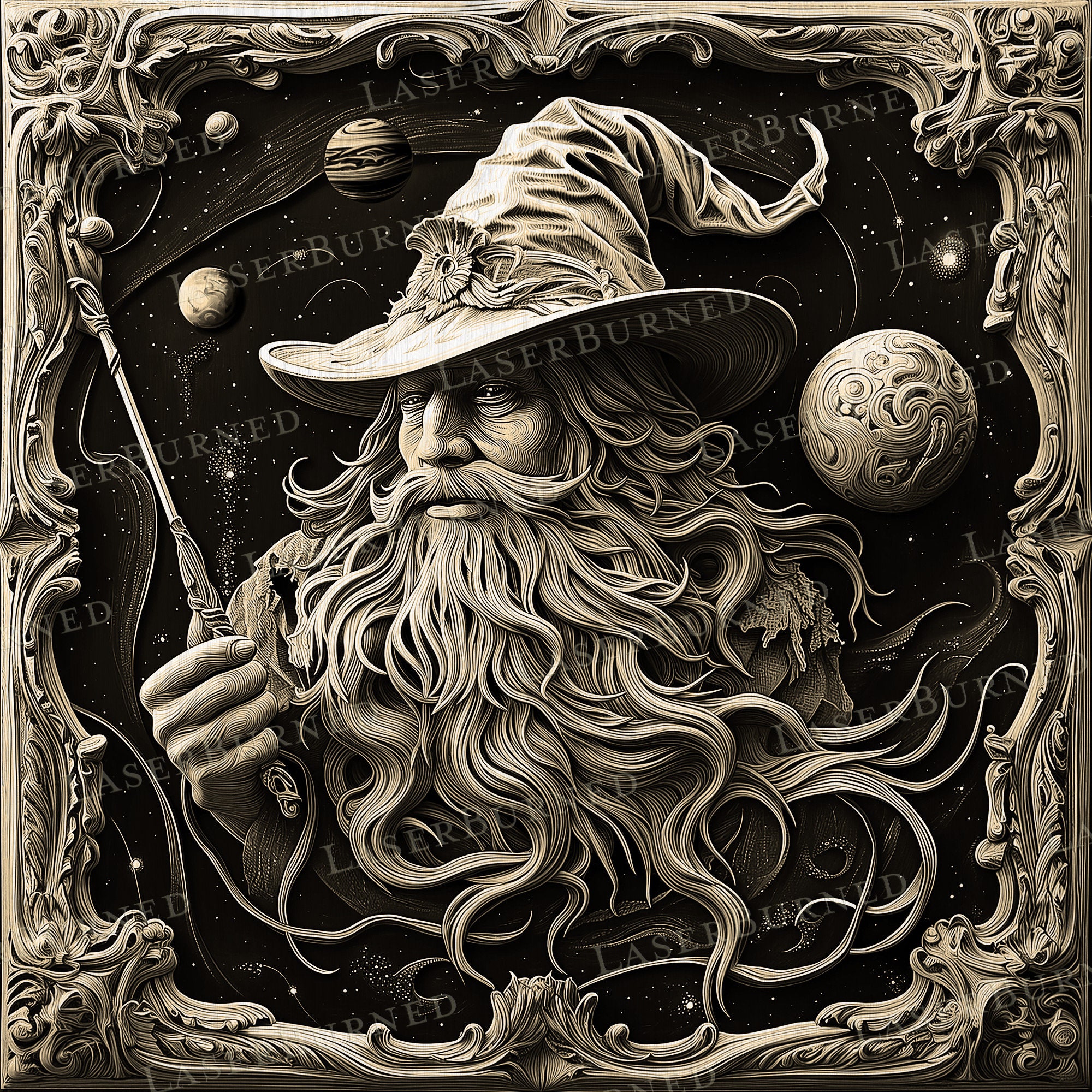 Laser Engrave PNG of a Magical Wizard With Wand and Planets | 3D ...