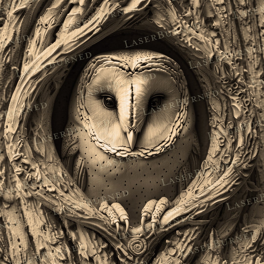 Laser Engrave PNG of a Barn Owl in a Tree | 3D Illusion Burn | Digital ...