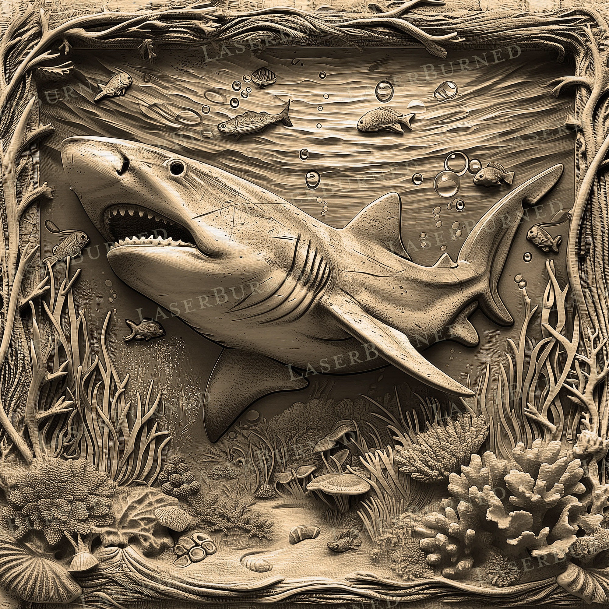 Laser Engrave PNG of a Shark With Fish in a Coral Frame | 3D Illusion ...