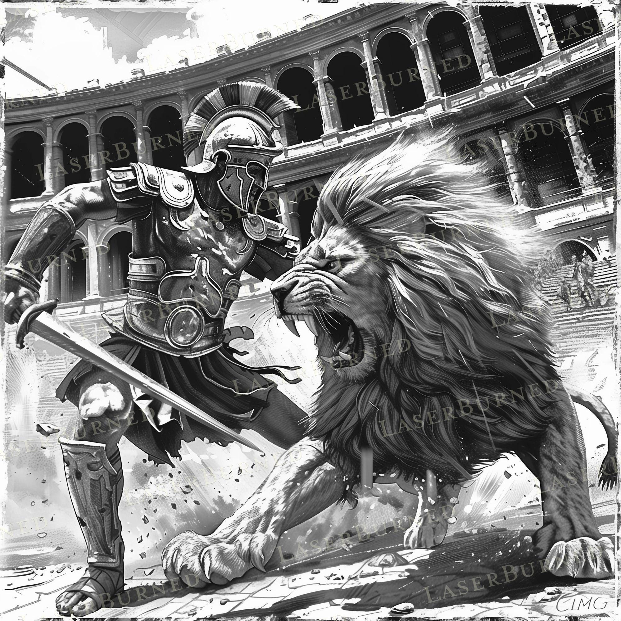 Laser Engrave PNG of a Lion Fighting Gladiator | 3D Illusion Burn ...