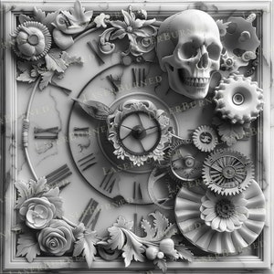 Laser Engrave PNG of a Steampunk Clock With Skull | 3D Illusion Burn ...